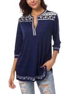 women's summer tops boho v-neck embroidery short sleeve blouses for women fashion navy blue