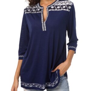 Women's Summer Tops Boho V-Neck Embroidery Short Sleeve Blouses for Women Fashion Navy Blue