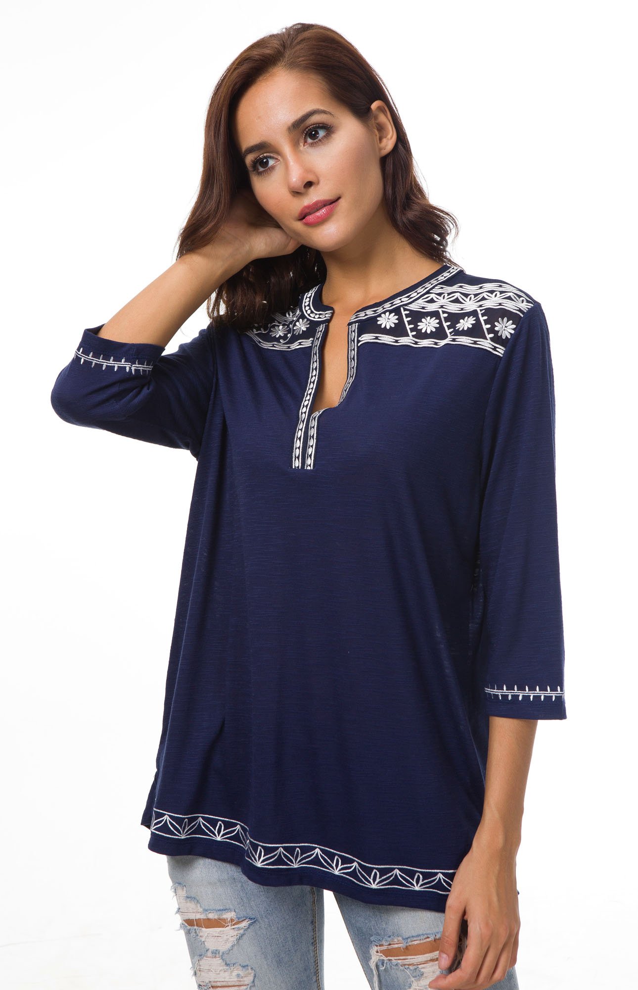 Women's Summer Tops Boho V-Neck Embroidery Short Sleeve Blouses for Women Fashion Navy Blue