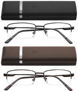 reading glasses 2 pair black and brown with cases ultra thin lightweight spring hinge glasses for reading for men and women +1.75