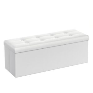 songmics 43 inches folding storage ottoman bench, storage chest, footrest, coffee table, padded seat, faux leather, holds up to 660 lb, white ulsf702