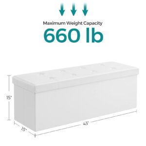 SONGMICS 43 Inches Folding Storage Ottoman Bench, Storage Chest, Footrest, Coffee Table, Padded Seat, Faux Leather, Holds up to 660 lb, White ULSF702