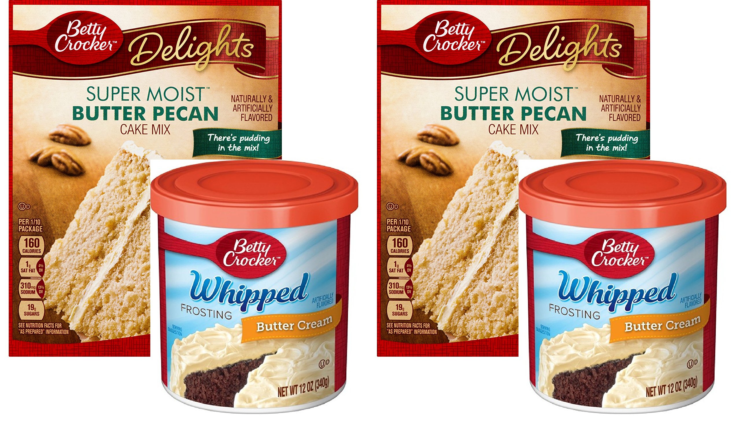 Betty Crocker Super Moist Butter Pecan Cake Mix and Betty Crocker Whipped Buttercream Frosting Bundle - 2 of Each - 4 Items