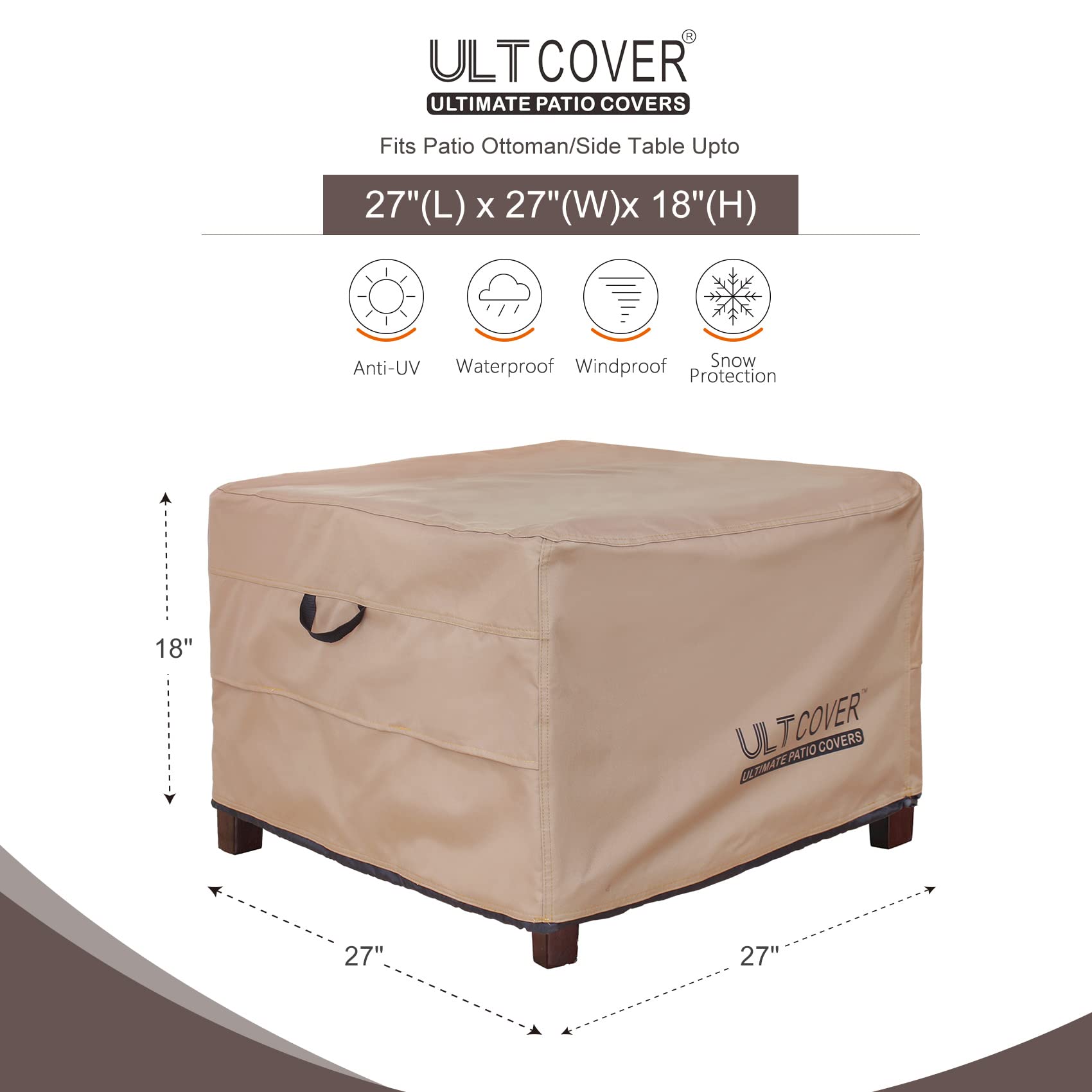 ULTCOVER Waterproof Patio Ottoman Cover Square Outdoor Side Table Furniture Covers Size 27L x 27W x 18H inch