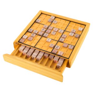 sudoku set - wood number tiles, game board, and tile storage drawer with puzzle book - 100 challenging brain teasers for adults and kids