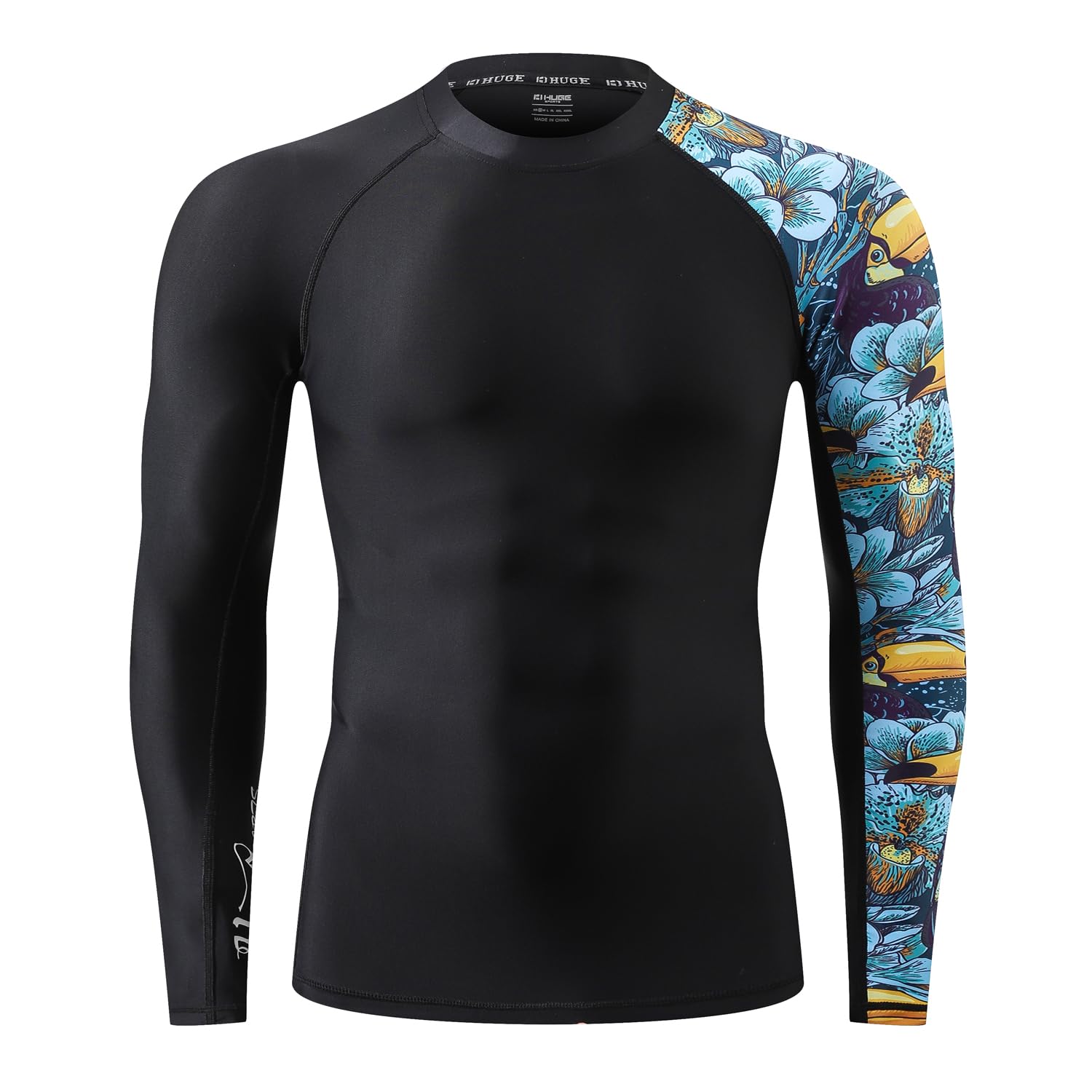 HUGE SPORTS Men's Splice UV Sun Protection UPF 50+ Skins Rash Guard Long Sleeves(HeyToucan, L)