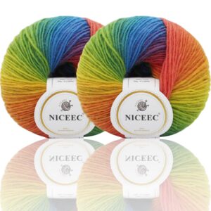 2 skeins rainbow soft yarn 100% wool gradient multi color yarn for crocheting knit total length 180m×2(196yds×2,50g×2)-11