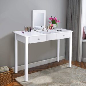 Giantex Vanity Table with Flip Top Mirror, Makeup Dressing Table Writing Desk with 2 Drawers and Removable Organizer 9 Compartments, Bedroom Vanity Table for Girls Women, Easy Assembly, White