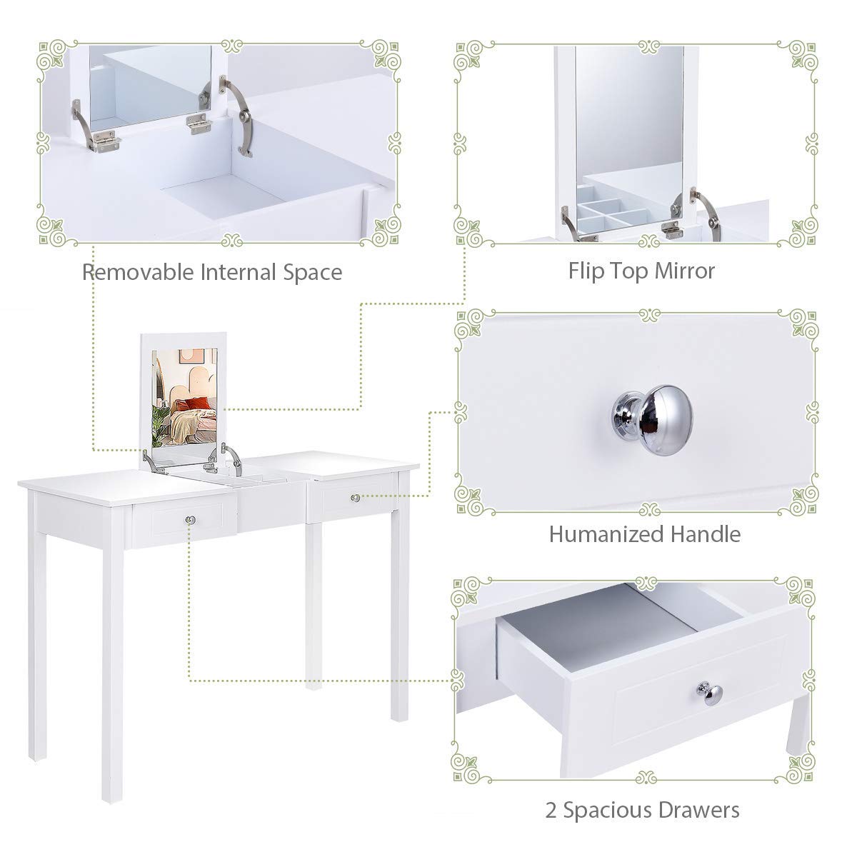 Giantex Vanity Table with Flip Top Mirror, Makeup Dressing Table Writing Desk with 2 Drawers and Removable Organizer 9 Compartments, Bedroom Vanity Table for Girls Women, Easy Assembly, White