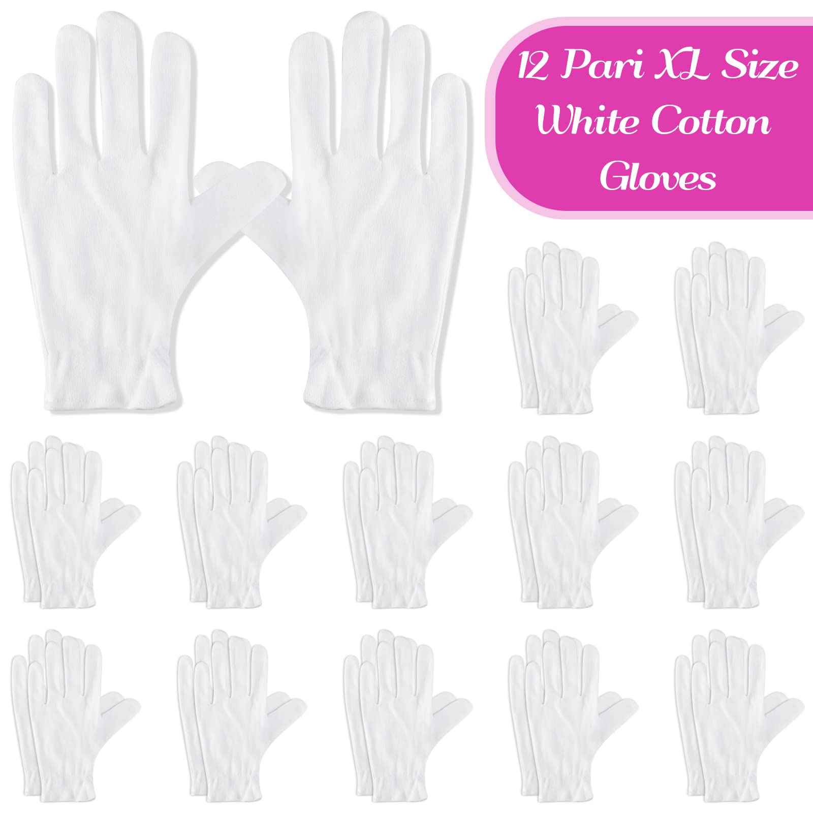 Paxcoo 12 Pairs XL White Cotton Gloves for Dry Hand Moisturizing Cosmetic Eczema Hand Spa and Jewelry Inspection