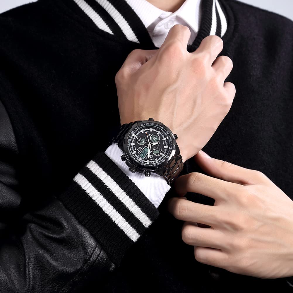 GOLDEN HOUR Luxury Stainless Steel Analog Digital Watches for Men Male Outdoor Sport Waterproof Big Heavy Wristwatch (Black)