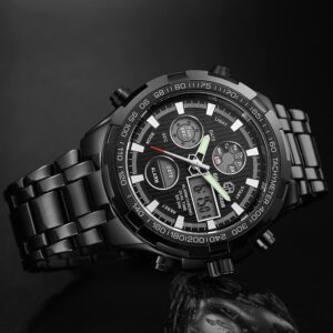 GOLDEN HOUR Luxury Stainless Steel Analog Digital Watches for Men Male Outdoor Sport Waterproof Big Heavy Wristwatch (Black)