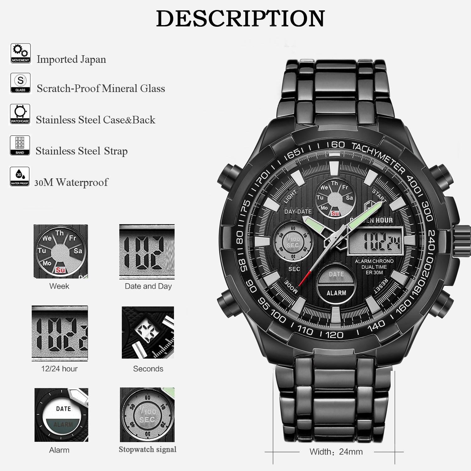 GOLDEN HOUR Luxury Stainless Steel Analog Digital Watches for Men Male Outdoor Sport Waterproof Big Heavy Wristwatch (Black)