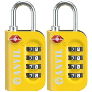 anvil tsa approved luggage lock - 4 digit combination, 10,000 combinations, easy-read password window, travel lock for suitcases, backpacks, gym & student lockers, baggage(yellow 2 pack)