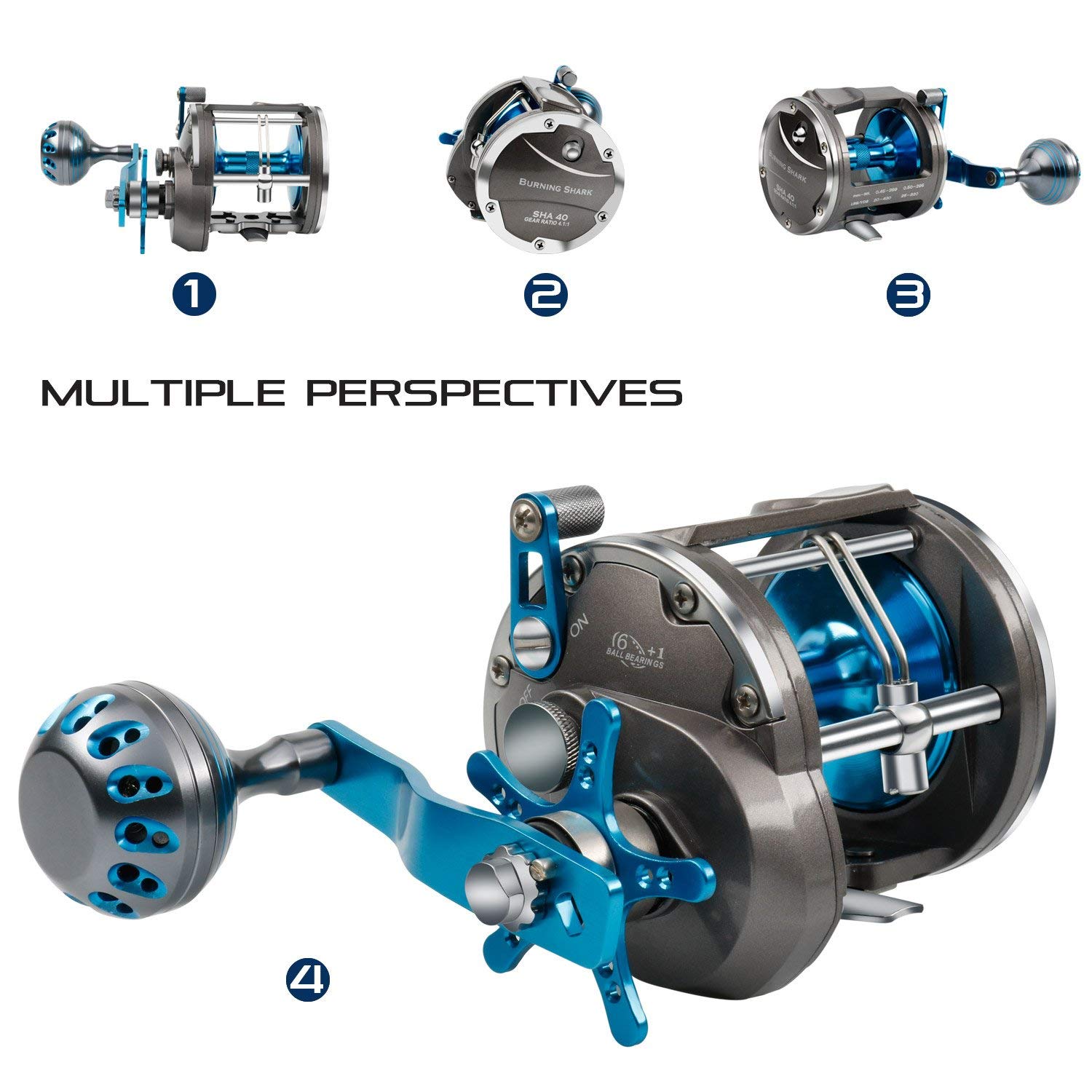 Burning Shark Trolling Reel Saltwater Level Wind Reels, Drag Reels Boat Fishing Ocean Fishing for Sea Bass Grouper Salmon-SHA40