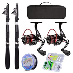 fishing pole combo set,2.1m/6.89ft 2pcs collapsible rods 2pcs spinning reels lures set carrier bag telescopic fishing rods freshwater kit fishing rod reel combos