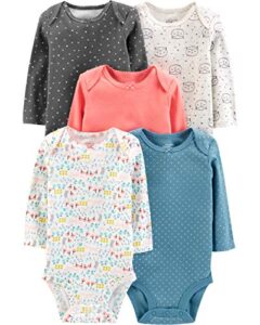 simple joys by carter's baby girls' 5-pack long-sleeve bodysuit, dots/floral/hearts/owl, preemie