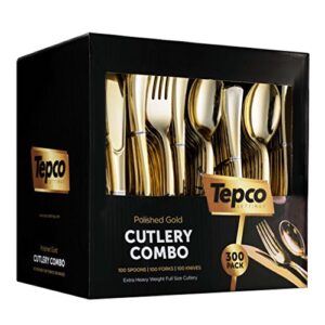 300 gold disposable plastic flatware set - 100 forks, 100 spoons, 100 knives - heavy duty silverware for party bulk