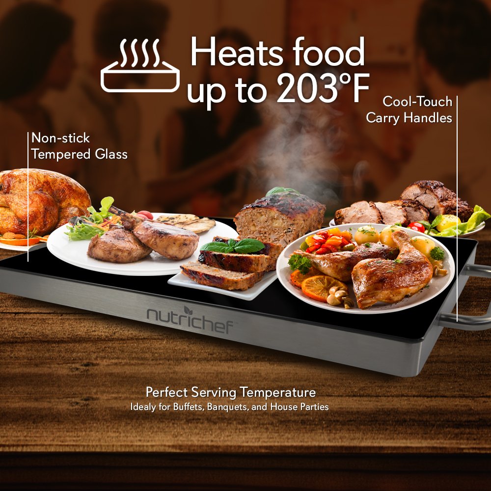 Stainless Steel Warming Hot Plate - Keep Food Warm w/ Portable Electric Food Tray Dish Warmer w/ Black Glass Top, For Restaurant, Parties, Buffet Serving, Table or Countertop Use - NutriChef AZPKWTR15