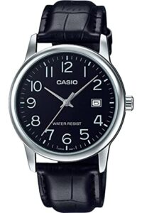 casio #mtp-v002l-1b men's standard analog leather band easy reader day date watch