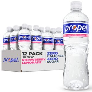 propel, strawberry lemonade, zero calorie sports drinking water with electrolytes and vitamins c&e, 16.9 fl oz (pack of 12)