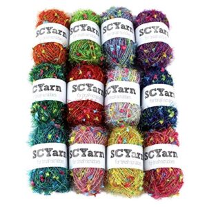 scyarn for scrubbies 12 skeins bonbons yarn assorted colors 100% polyester for scrubbies crochet and knitting project - total 648 yards craft kit (brush)