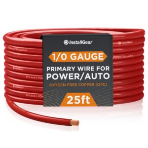 installgear 1/0 gauge awg ofc pure copper power ground wire cable (25ft red) true spec welding wire, 1/0 gauge battery cable wire, automotive wire, car audio speaker stereo, rv trailer, amp wiring