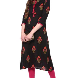 Janasya Indian Women's Tunic Tops Cotton Kurti for Women(JNE2170-KR-436-XL) Black