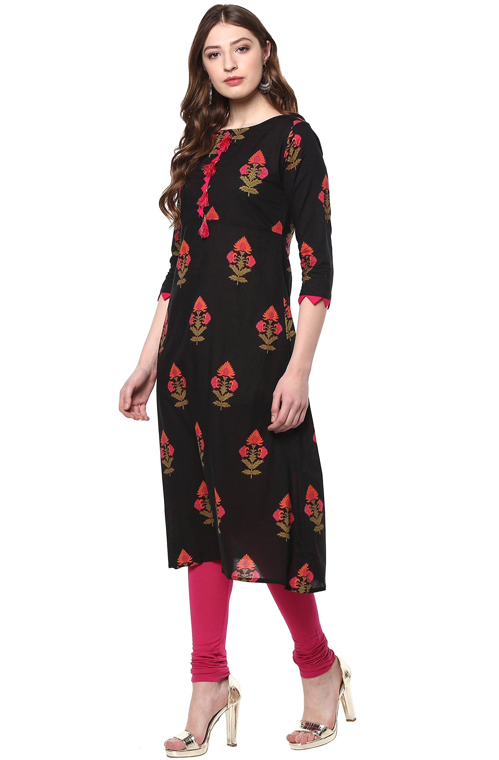 Janasya Indian Women's Tunic Tops Cotton Kurti for Women(JNE2170-KR-436-XL) Black