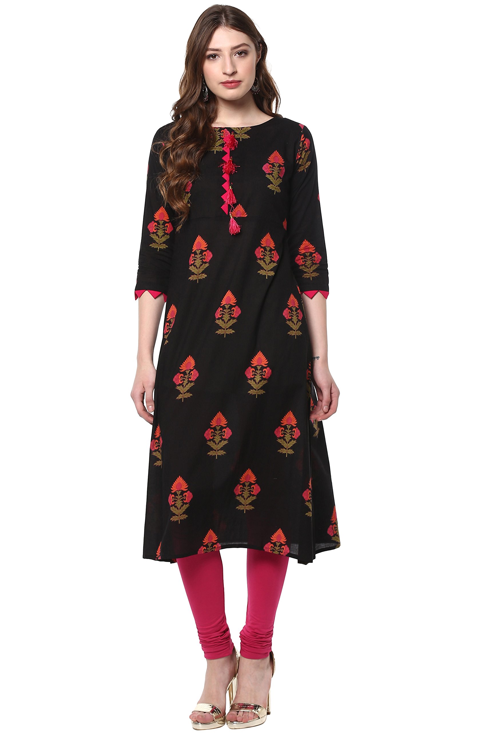 Janasya Indian Women's Tunic Tops Cotton Kurti for Women(JNE2170-KR-436-XL) Black