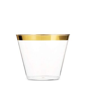 munfix 100 gold plastic cups - 9 oz clear old fashioned tumblers - fancy gold rimmed cups - disposable wedding cups - elegant party cups with gold rim