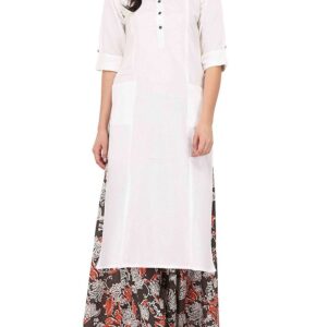 Women's Pure Cotton Plain Tunic Top 3/4 Sleeves Roll-UP Button Neck with Pocket Long Kurti Kurta White