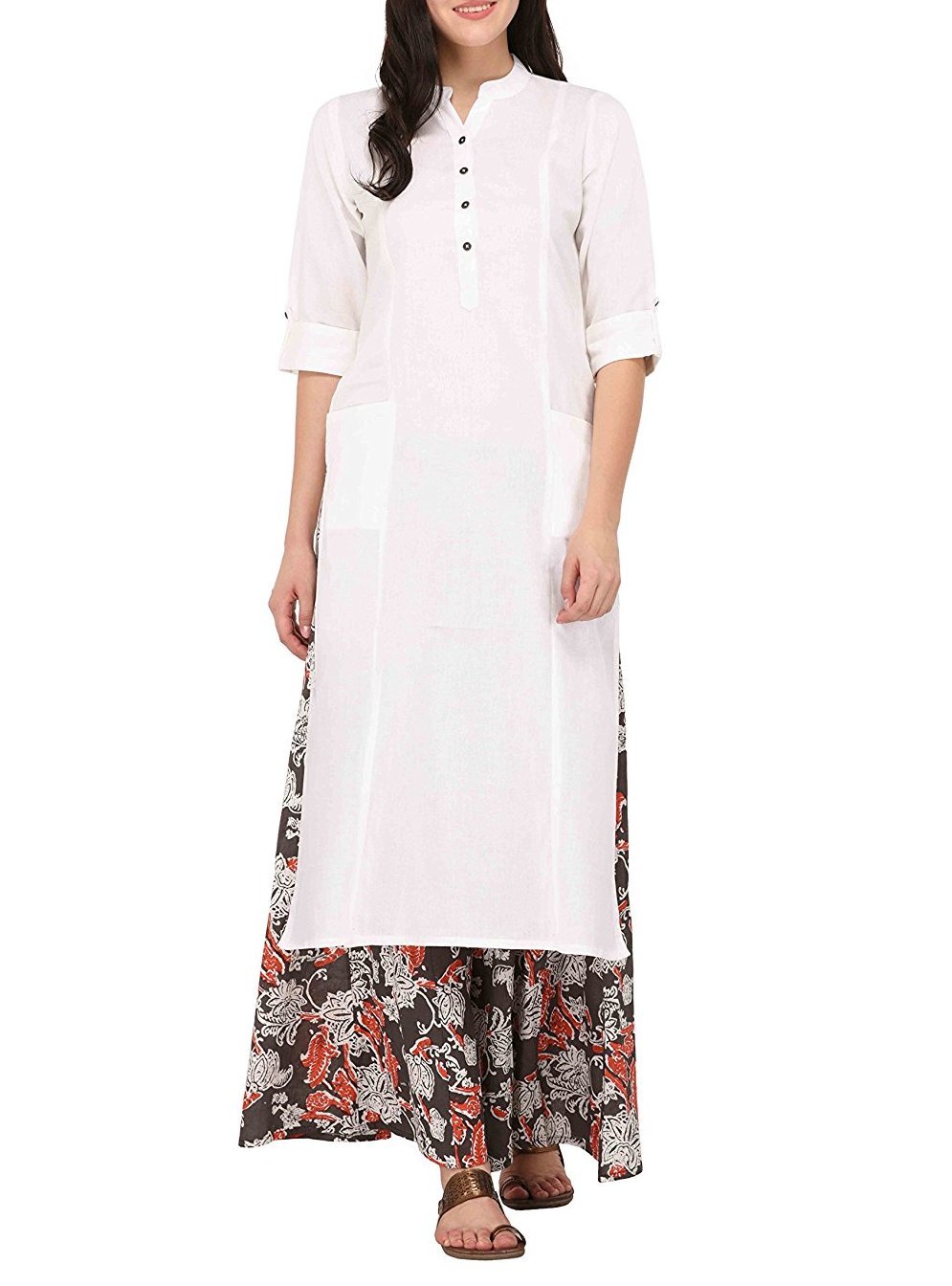 Women's Pure Cotton Plain Tunic Top 3/4 Sleeves Roll-UP Button Neck with Pocket Long Kurti Kurta White