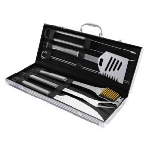 7-piece stainless-steel bbq cooking utensils set - barbecue grill accessories with aluminum portable handled storage case by home-complete (silver)