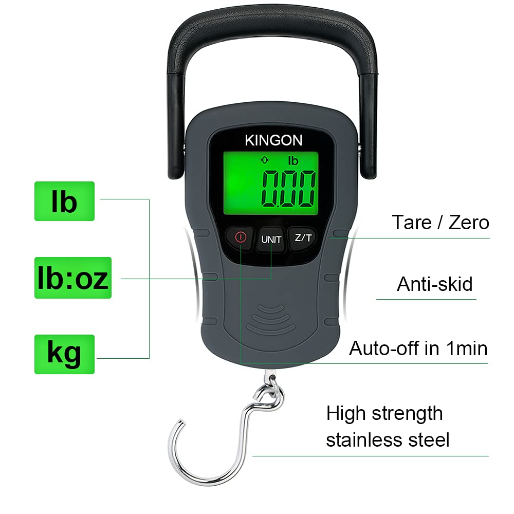 Digital Hanging Luggage Scale with Comfortable Handle and Large Hook, 110lb/50kg, Backlit Portable Scale for Travel Fishing with Tare/Hold Function, AAA Batteries Included, Grey