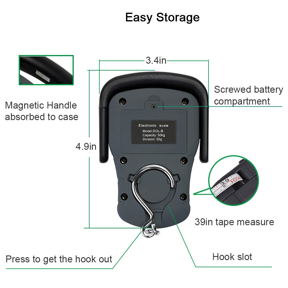 Digital Hanging Luggage Scale with Comfortable Handle and Large Hook, 110lb/50kg, Backlit Portable Scale for Travel Fishing with Tare/Hold Function, AAA Batteries Included, Grey