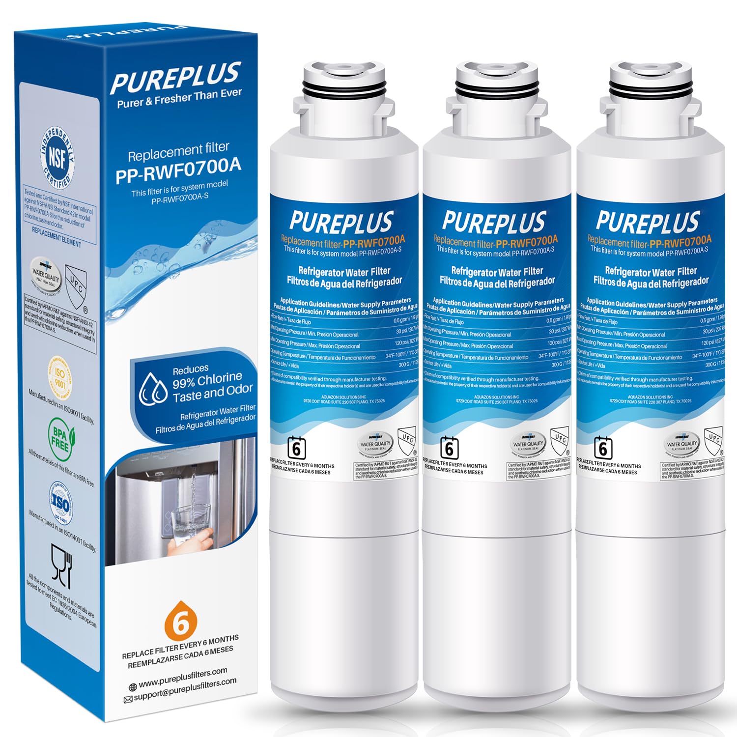 PUREPLUS DA29-00020B Refrigerator Water Filter Replacement for Samsung RF28HMEDBSR, RF263BEAESR, HDX FMS-2, HAF-CIN/EXP, RF4287HARS, RF28HFEDBSR, DA29-00020A, RF261BEAESR, DA97-08006A, 469101, 3PACK