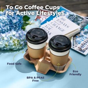 Fit Meal Prep 50 Pack 12 oz Disposable Coffee Cups with Lids, Sleeves and Stirrers, Premium To Go Coffee Cups with Lids, Durable Thickened Hot White Paper Cup for Cold/Hot Beverage Chocolate Cocoa