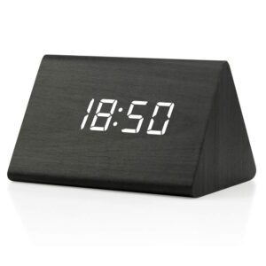 oct17 wooden wood clock, new version led alarm digital desk clock adjustable brightness, alarm time, displays time date temperature - black