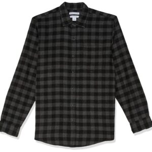 Amazon Essentials Men's Long-Sleeve Flannel Shirt (Available in Big & Tall), Charcoal Buffalo Plaid, Large