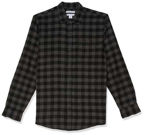 Amazon Essentials Men's Long-Sleeve Flannel Shirt (Available in Big & Tall), Charcoal Buffalo Plaid, Large