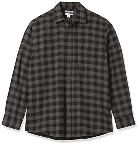 Amazon Essentials Men's Long-Sleeve Flannel Shirt (Available in Big & Tall), Charcoal Buffalo Plaid, Large