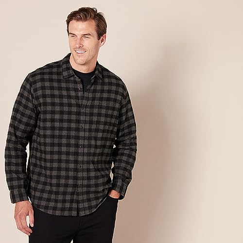 Amazon Essentials Men's Long-Sleeve Flannel Shirt (Available in Big & Tall), Charcoal Buffalo Plaid, Large