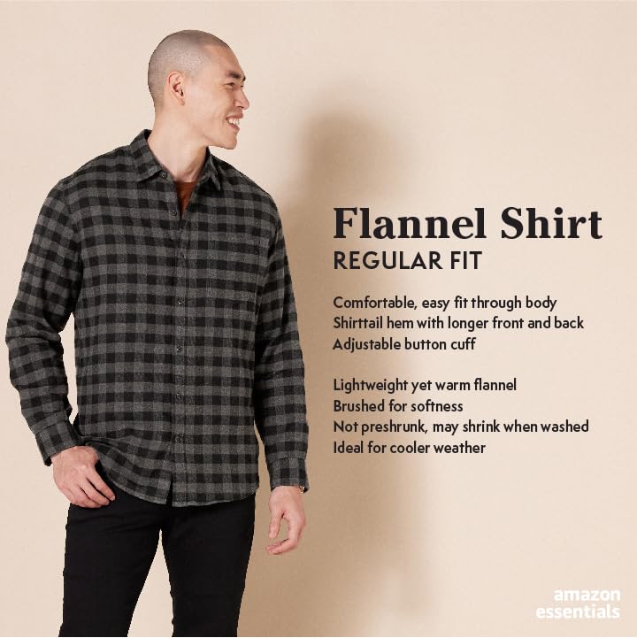 Amazon Essentials Men's Long-Sleeve Flannel Shirt (Available in Big & Tall), Charcoal Buffalo Plaid, Large