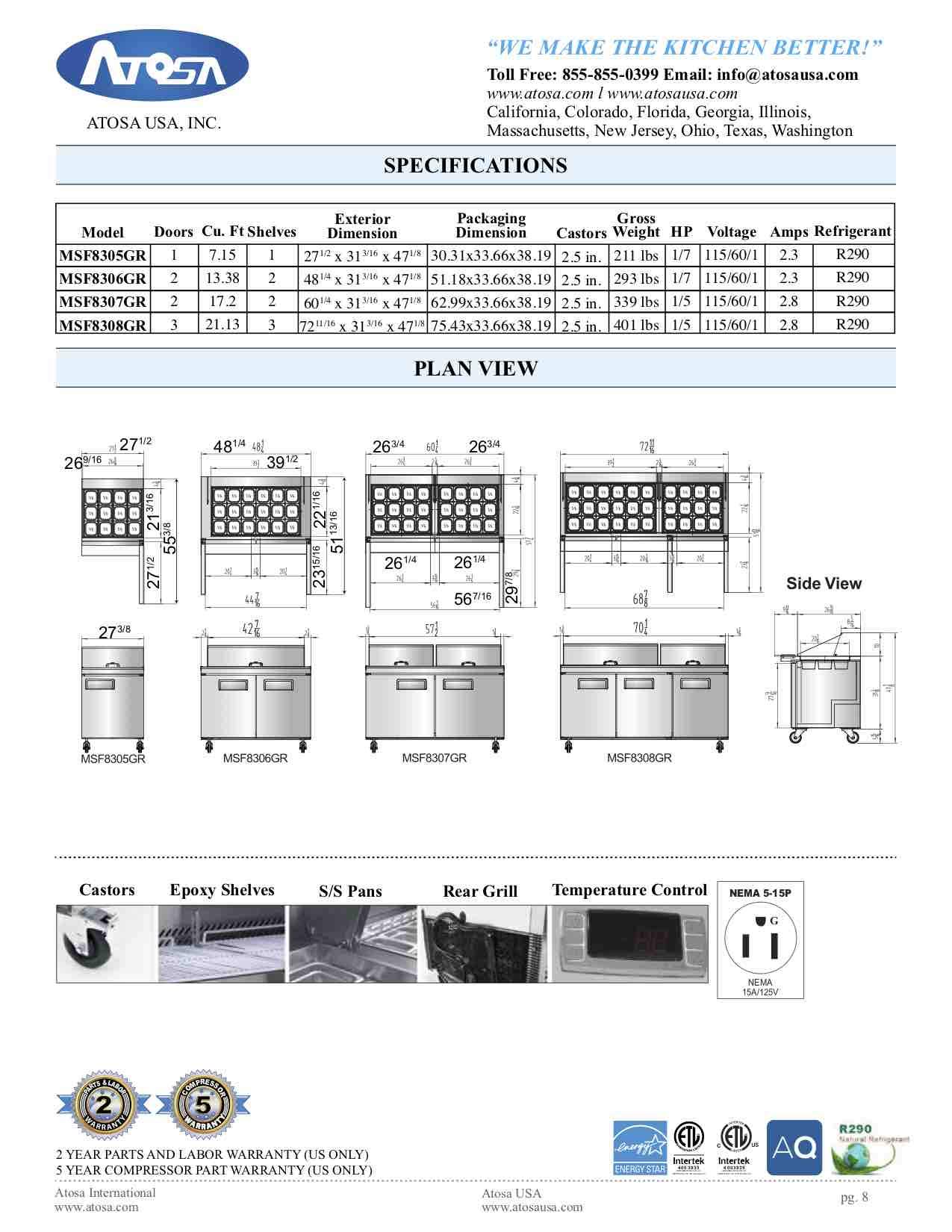 Atosa Sandwich Prep Table Refrigerator, MSF8305 1-Door Stainless Steel Salad Prep Table-Refigerator For Restaurant Kitchen 7.9 Cu.Ft. 27.5W34D46.6H inch 33?-38?