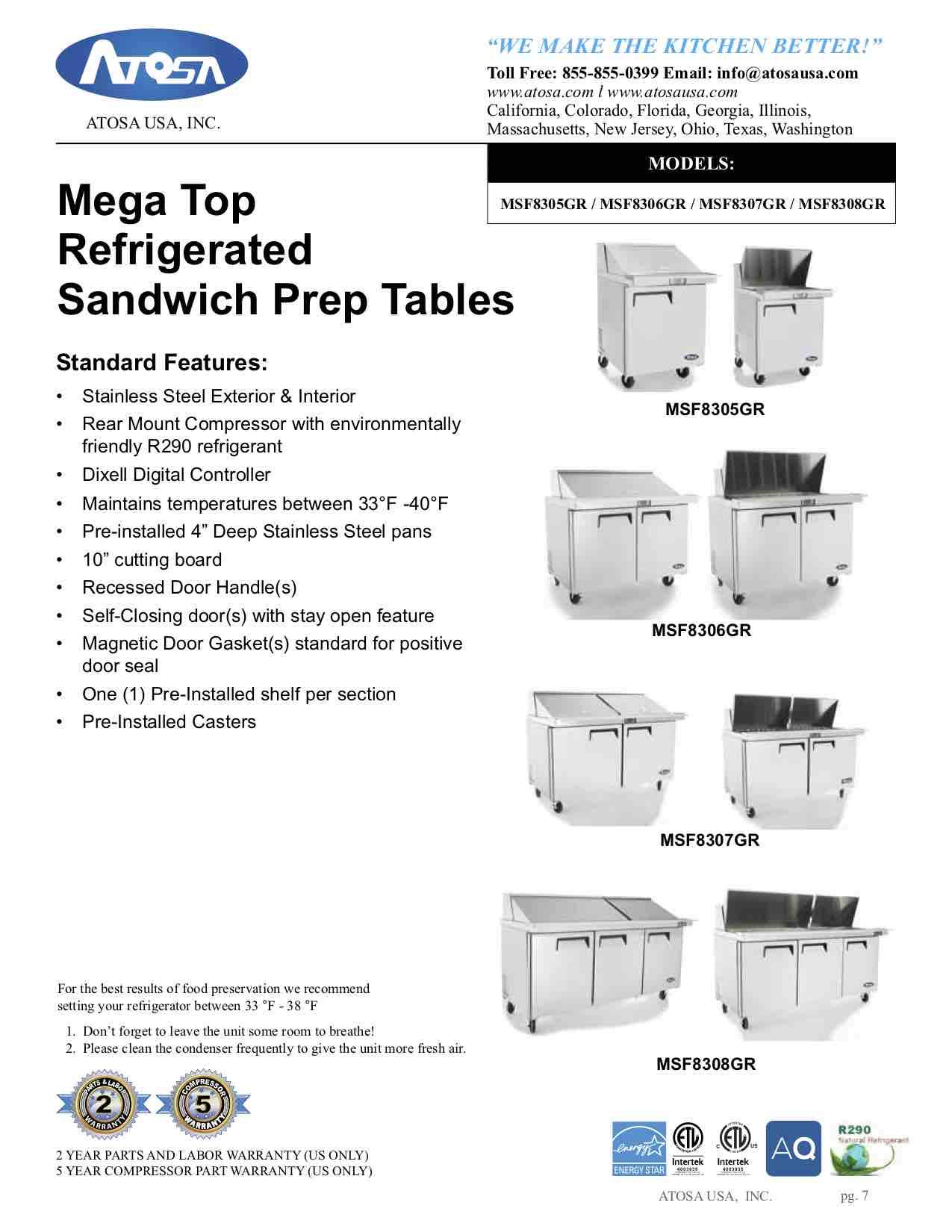 Atosa Sandwich Prep Table Refrigerator, MSF8305 1-Door Stainless Steel Salad Prep Table-Refigerator For Restaurant Kitchen 7.9 Cu.Ft. 27.5W34D46.6H inch 33?-38?