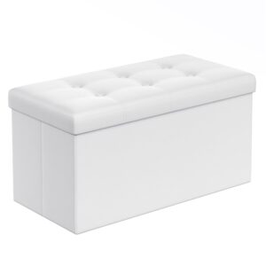 songmics 30 inches folding storage ottoman bench, storage chest, footrest, coffee table, padded seat, faux leather, holds up to 660 lb, white ulsf106