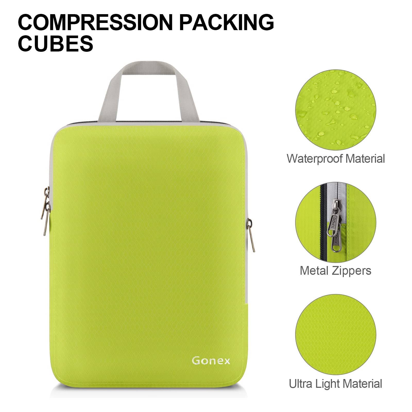 Gonex Compression Packing Cubes, 4pcs Expandable Storage Travel Luggage Bags Organizers (Green)