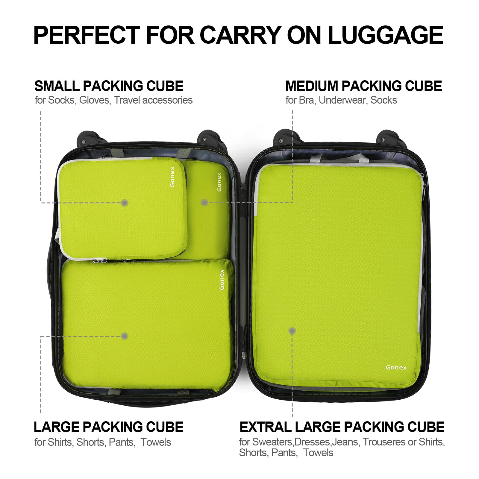 Gonex Compression Packing Cubes, 4pcs Expandable Storage Travel Luggage Bags Organizers (Green)