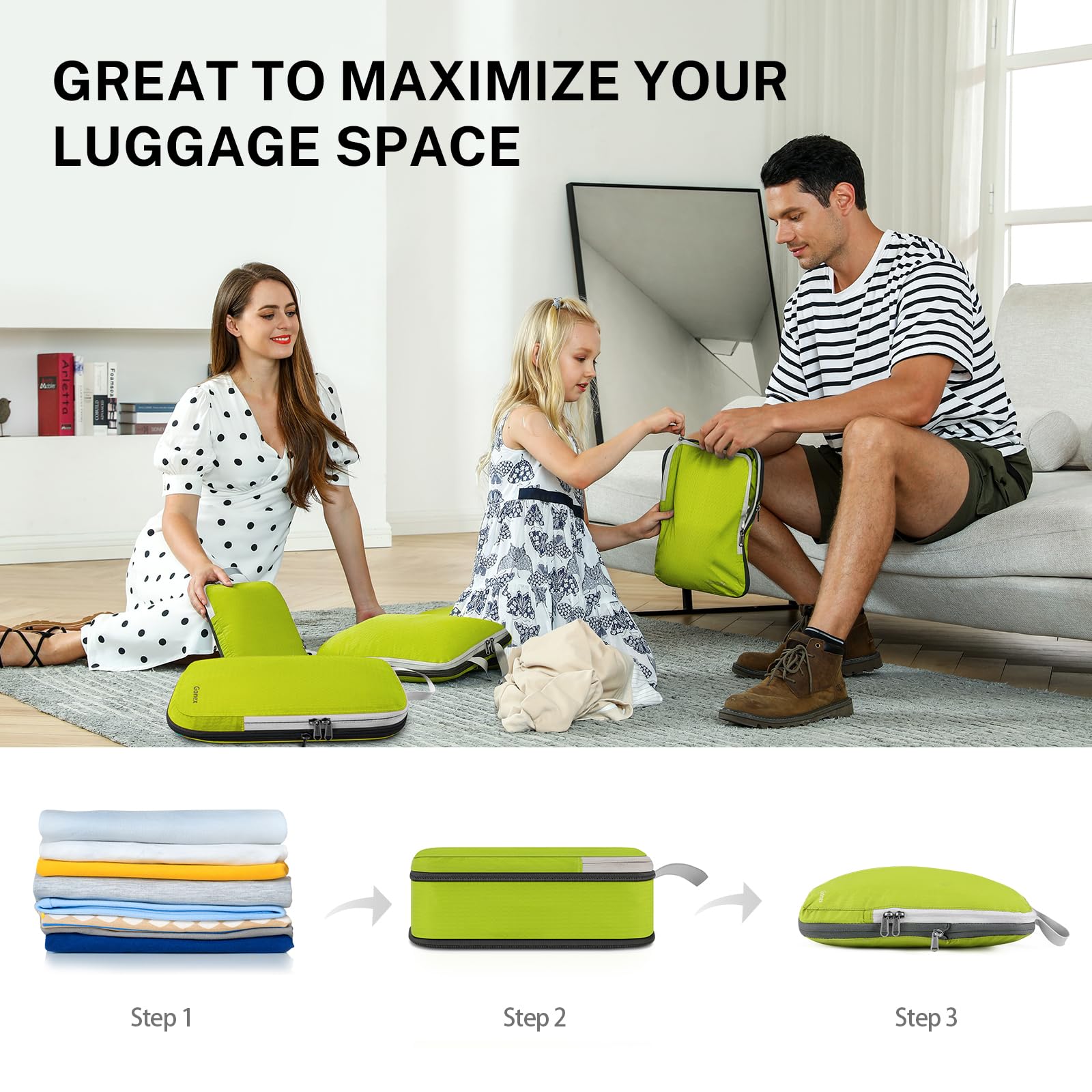 Gonex Compression Packing Cubes, 4pcs Expandable Storage Travel Luggage Bags Organizers (Green)